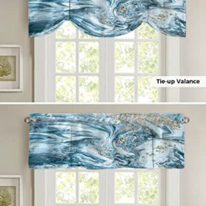 Segard Tie Up Valance for Windows,Marble Liquid Abstract Art Kitchen Valances Adjustable Rod Pocket Window Shade Valance,Blue White Gold Gradient Short Curtains Window Treatment for Bedroom 60x18in