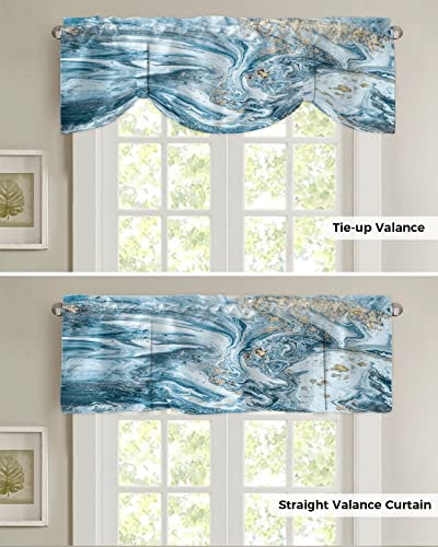 Segard Tie Up Valance for Windows,Marble Liquid Abstract Art Kitchen Valances Adjustable Rod Pocket Window Shade Valance,Blue White Gold Gradient Short Curtains Window Treatment for Bedroom 60x18in