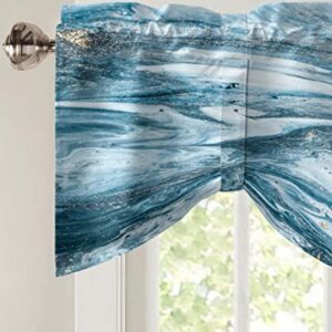 Segard Tie Up Valance for Windows,Marble Liquid Abstract Art Kitchen Valances Adjustable Rod Pocket Window Shade Valance,Blue White Gold Gradient Short Curtains Window Treatment for Bedroom 60x18in