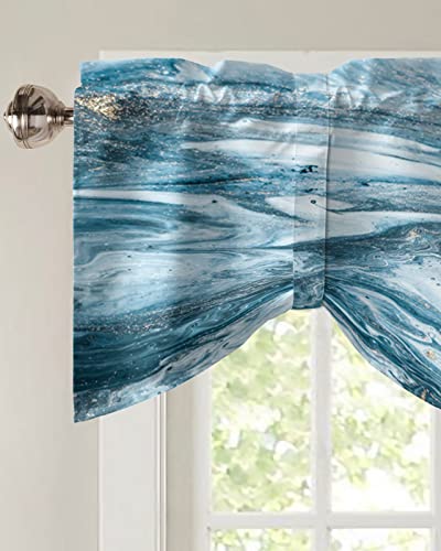 Segard Tie Up Valance for Windows,Marble Liquid Abstract Art Kitchen Valances Adjustable Rod Pocket Window Shade Valance,Blue White Gold Gradient Short Curtains Window Treatment for Bedroom 60x18in