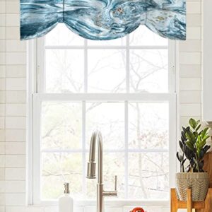 Segard Tie Up Valance for Windows,Marble Liquid Abstract Art Kitchen Valances Adjustable Rod Pocket Window Shade Valance,Blue White Gold Gradient Short Curtains Window Treatment for Bedroom 60x18in