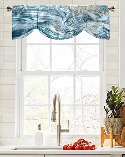 Segard Tie Up Valance for Windows,Marble Liquid Abstract Art Kitchen Valances Adjustable Rod Pocket Window Shade Valance,Blue White Gold Gradient Short Curtains Window Treatment for Bedroom 60x18in