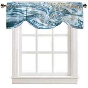 Segard Tie Up Valance for Windows,Marble Liquid Abstract Art Kitchen Valances Adjustable Rod Pocket Window Shade Valance,Blue White Gold Gradient Short Curtains Window Treatment for Bedroom 60x18in