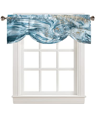 Segard Tie Up Valance for Windows,Marble Liquid Abstract Art Kitchen Valances Adjustable Rod Pocket Window Shade Valance,Blue White Gold Gradient Short Curtains Window Treatment for Bedroom 60x18in