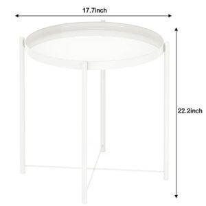 Fixwal End Table, Folding Metal Side Table White Small Coffee Table Sofa Side Table with Removable Tray for Living Room Bedroom Balcony and Office