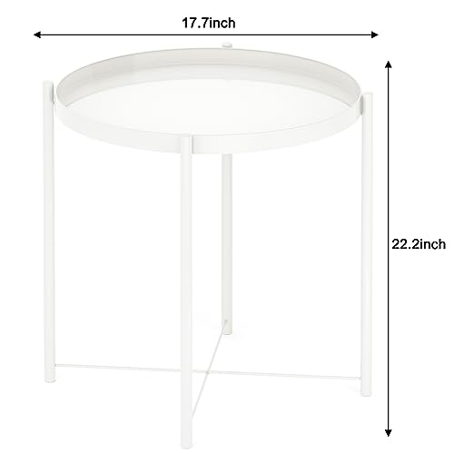 Fixwal End Table, Folding Metal Side Table White Small Coffee Table Sofa Side Table with Removable Tray for Living Room Bedroom Balcony and Office