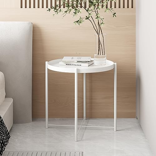 Fixwal End Table, Folding Metal Side Table White Small Coffee Table Sofa Side Table with Removable Tray for Living Room Bedroom Balcony and Office