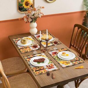 FRAMICS Fall Placemats Set of 6, Thanksgiving Fall Maple Leaves Placemats, Autumn Sunflower Pumpkin Table Mats, Washable Heat Resistant Kitchen Placemats for Holiday Party Family Dinner Table Decor