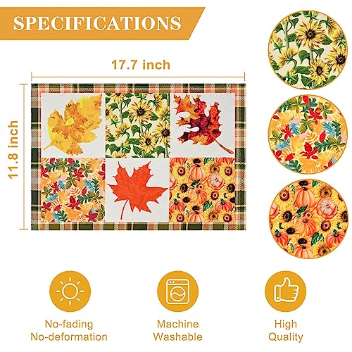 FRAMICS Fall Placemats Set of 6, Thanksgiving Fall Maple Leaves Placemats, Autumn Sunflower Pumpkin Table Mats, Washable Heat Resistant Kitchen Placemats for Holiday Party Family Dinner Table Decor