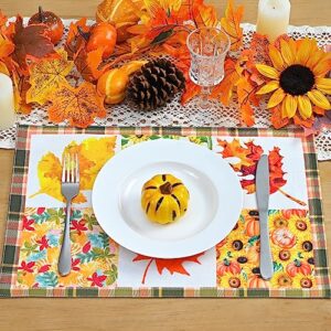 FRAMICS Fall Placemats Set of 6, Thanksgiving Fall Maple Leaves Placemats, Autumn Sunflower Pumpkin Table Mats, Washable Heat Resistant Kitchen Placemats for Holiday Party Family Dinner Table Decor