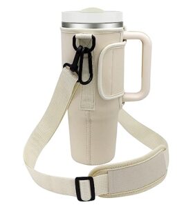 aiscool water bottle carrier bag holder for stanley quencher h2.0 tumbler 40 oz cream, neoprene water bottle sling bag sleeve holder carrier with adjustable shoulder strap & straw covers