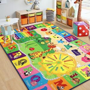 chicrug educational 4x6 kids area rug for playroom, tpr non slip kids classroom carpet rug for learning abc animal shape color fruit, washable play mat rug for children nursery toddler room decor