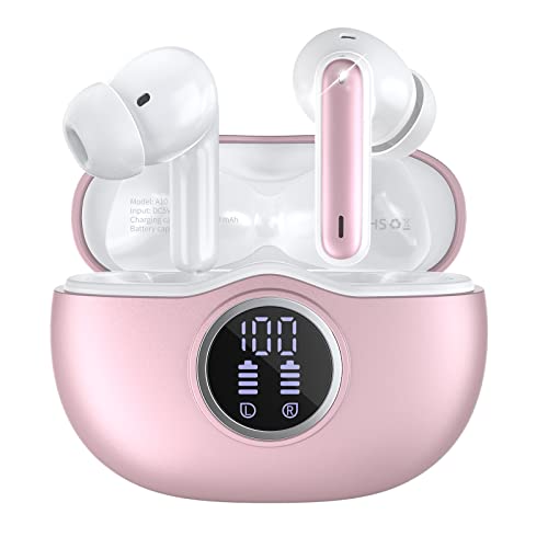 Wireless Earbuds Bluetooth 5.3 Headphones 40 Hrs Playtime with LED Display, Deep Bass Stereo and Noise Cancelling Bluetooth Ear Buds IP7 Waterproof Wireless Earphones with Mic for iPhone Android Pink