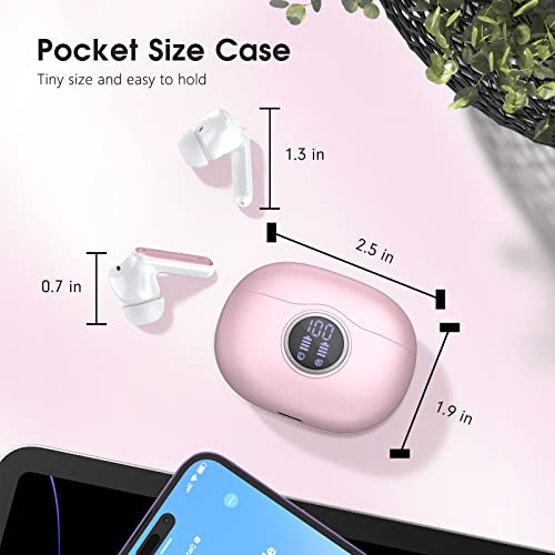 Wireless Earbuds Bluetooth 5.3 Headphones 40 Hrs Playtime with LED Display, Deep Bass Stereo and Noise Cancelling Bluetooth Ear Buds IP7 Waterproof Wireless Earphones with Mic for iPhone Android Pink