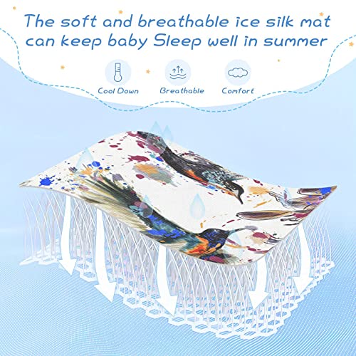 Blueangle Lily Flowers and Birds Watercolour Baby Bed Pad Washable Mattress Pad, Summer Crib Sheets Reusable Underpads Bed Ice Silk Mat Set with Pillowcase for Baby Toddler