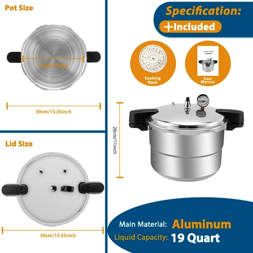 BreeRainz 19 Quart Pressure Cooker,Induction Compatible Aluminum Pressure Canner w/Pressure Gauge and Cooking Rack for Family or Commercial Use