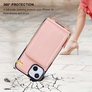 KIHUWEY Crossbody Wallet Case for iPhone 13 iPhone 14, Zipper Pocket Case with Card Holder, PU Leather RFID Protective Cover Case with Kickstand Detachable Wrist Strap Lanyard 6.1" (Rose Gold)