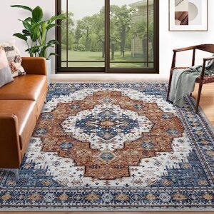 washable rug living room rugs: 8x10 area rug large boho medallion distressed carpets indoor soft floor anti slip carpet for under dining table bedroom farmhouse home office - blue/orange brown