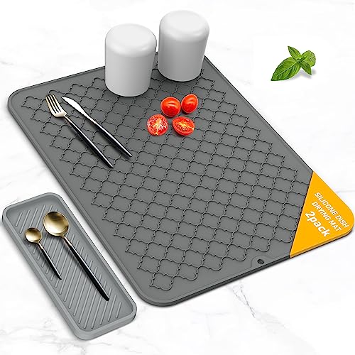 Silicone Dish Drying Mat,EG-SIPRO Thickened High Purity Silicone Drying Mat Heat Resistance Kitchen Drying Mat Silicone Dish Mat Gray Dish Drying Mat for Kitchen Counter(16"x12"-2 PCS)