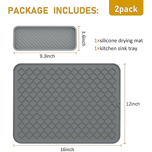 Silicone Dish Drying Mat,EG-SIPRO Thickened High Purity Silicone Drying Mat Heat Resistance Kitchen Drying Mat Silicone Dish Mat Gray Dish Drying Mat for Kitchen Counter(16"x12"-2 PCS)