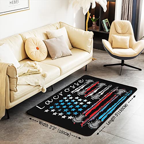 jejeloiu Lacrosse Area Rug 5'x7' Kids American Flag Sports Theme Decorative Carpet for Women Men Lacrosse Player Games Rugs for Living Room Bedroom Floor Mat Room Decor