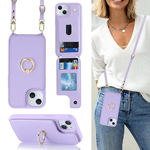 Lipvina for iPhone 13 Case with Card Holder for Women,for iPhone 13 Phone Case with Strap,Crossbody Lanyard,Ring Stand,RFID Blocking,Cute Wallet Cases for iPhone 13 6.1 inch(Purple)