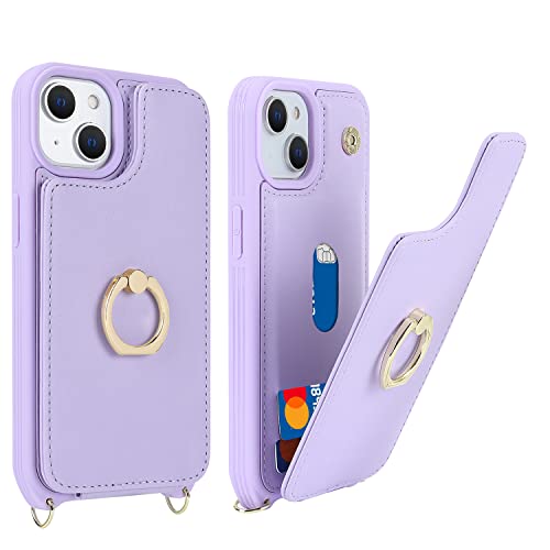 Lipvina for iPhone 13 Case with Card Holder for Women,for iPhone 13 Phone Case with Strap,Crossbody Lanyard,Ring Stand,RFID Blocking,Cute Wallet Cases for iPhone 13 6.1 inch(Purple)