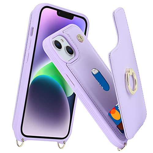 Lipvina for iPhone 13 Case with Card Holder for Women,for iPhone 13 Phone Case with Strap,Crossbody Lanyard,Ring Stand,RFID Blocking,Cute Wallet Cases for iPhone 13 6.1 inch(Purple)