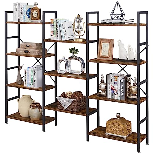 SUPERJARE Triple 4 Tier Bookshelf, Bookcase with 11 Open Display Shelves, Wide Book Shelf Book Case for Home & Office, Rustic Brown