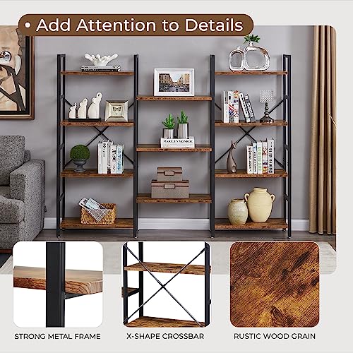 SUPERJARE Triple 4 Tier Bookshelf, Bookcase with 11 Open Display Shelves, Wide Book Shelf Book Case for Home & Office, Rustic Brown