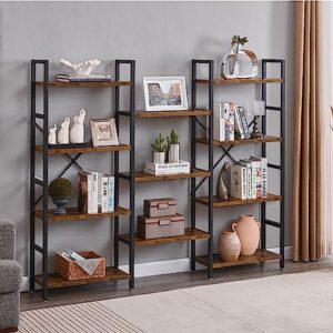 SUPERJARE Triple 4 Tier Bookshelf, Bookcase with 11 Open Display Shelves, Wide Book Shelf Book Case for Home & Office, Rustic Brown