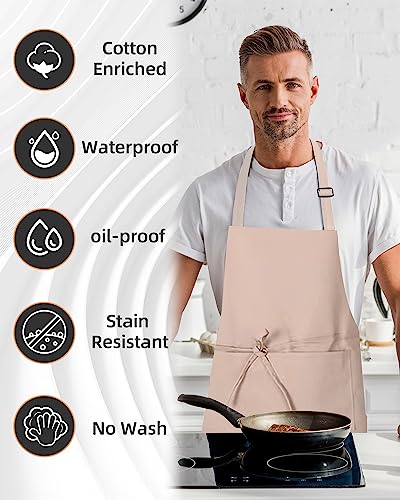 Hugitout Chef Apron Unisex with Adjustable Straps and Two Pockets For Work Uniform, Bib Apron Waterproof, oil-proof Stain Resistant, No Wash(Khaki)