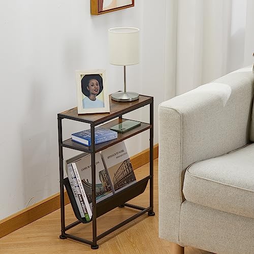 ZEXVIDA Narrow End Table for Small Spaces - Slim Side Table with Magazine Holder,2 in 1 Design Narrow End Table Living Room,Skinny Bedroom Nightstand Thin Side Magazine Table (Rustic Brown)