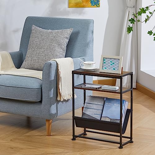 ZEXVIDA Narrow End Table for Small Spaces - Slim Side Table with Magazine Holder,2 in 1 Design Narrow End Table Living Room,Skinny Bedroom Nightstand Thin Side Magazine Table (Rustic Brown)