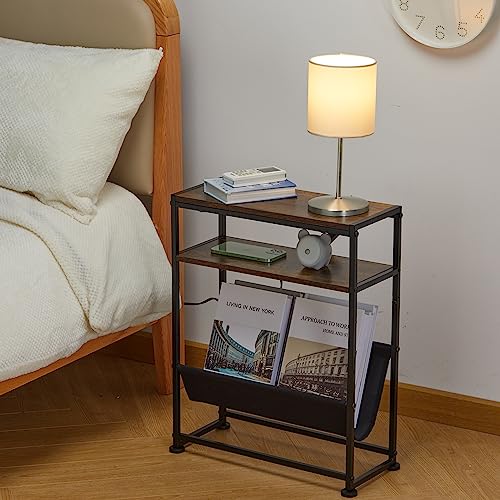 ZEXVIDA Narrow End Table for Small Spaces - Slim Side Table with Magazine Holder,2 in 1 Design Narrow End Table Living Room,Skinny Bedroom Nightstand Thin Side Magazine Table (Rustic Brown)