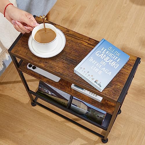 ZEXVIDA Narrow End Table for Small Spaces - Slim Side Table with Magazine Holder,2 in 1 Design Narrow End Table Living Room,Skinny Bedroom Nightstand Thin Side Magazine Table (Rustic Brown)