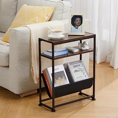 ZEXVIDA Narrow End Table for Small Spaces - Slim Side Table with Magazine Holder,2 in 1 Design Narrow End Table Living Room,Skinny Bedroom Nightstand Thin Side Magazine Table (Rustic Brown)