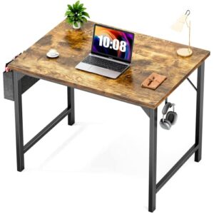 small computer desk small office desk 31 inch writing desk home office desks small space desk study table modern simple style work table with storage bag and iron hook, wooden desk for home, bedroom