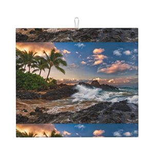 palm trees clouds tropical coast printed drying mat for kitchen ultra absorbent microfiber dishes drainer mats non-slip silicone quick dry pad - 18 x 16inch