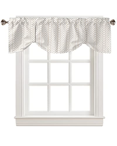 TocaHome Semi-Sheer Kitchen Valances for Windows, Adjustable Tie Up Valances Curtains Light Filtering, White-Gold Natural Herringbone Elegant Window Toppers Valances for Living Room/Bedroom 60x18in