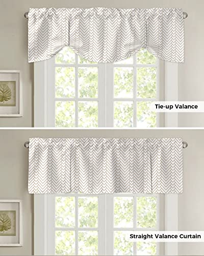 TocaHome Semi-Sheer Kitchen Valances for Windows, Adjustable Tie Up Valances Curtains Light Filtering, White-Gold Natural Herringbone Elegant Window Toppers Valances for Living Room/Bedroom 60x18in