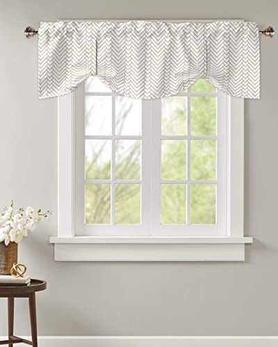 TocaHome Semi-Sheer Kitchen Valances for Windows, Adjustable Tie Up Valances Curtains Light Filtering, White-Gold Natural Herringbone Elegant Window Toppers Valances for Living Room/Bedroom 60x18in