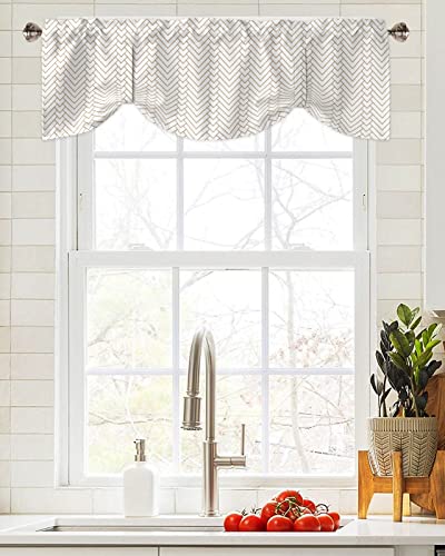 TocaHome Semi-Sheer Kitchen Valances for Windows, Adjustable Tie Up Valances Curtains Light Filtering, White-Gold Natural Herringbone Elegant Window Toppers Valances for Living Room/Bedroom 60x18in