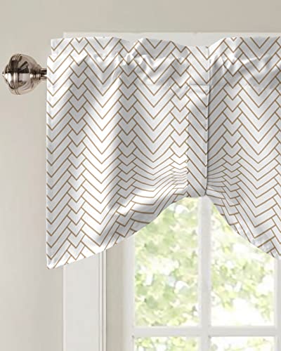 TocaHome Semi-Sheer Kitchen Valances for Windows, Adjustable Tie Up Valances Curtains Light Filtering, White-Gold Natural Herringbone Elegant Window Toppers Valances for Living Room/Bedroom 60x18in