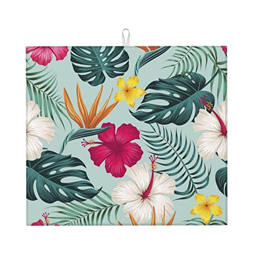 hojas tropicales y flores Printed Drying Mat For Kitchen Ultra Absorbent Microfiber Dishes Drainer Mats Non-Slip Silicone Quick Dry Pad - 18 X 16inch