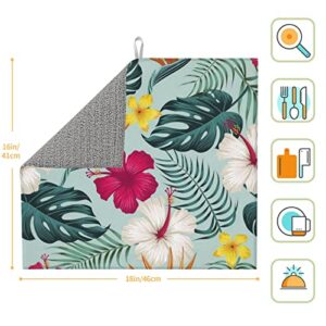 hojas tropicales y flores Printed Drying Mat For Kitchen Ultra Absorbent Microfiber Dishes Drainer Mats Non-Slip Silicone Quick Dry Pad - 18 X 16inch