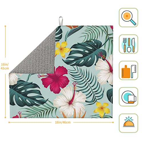 hojas tropicales y flores Printed Drying Mat For Kitchen Ultra Absorbent Microfiber Dishes Drainer Mats Non-Slip Silicone Quick Dry Pad - 18 X 16inch