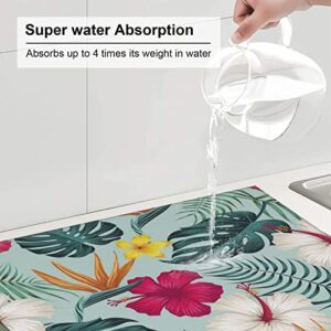 hojas tropicales y flores Printed Drying Mat For Kitchen Ultra Absorbent Microfiber Dishes Drainer Mats Non-Slip Silicone Quick Dry Pad - 18 X 16inch