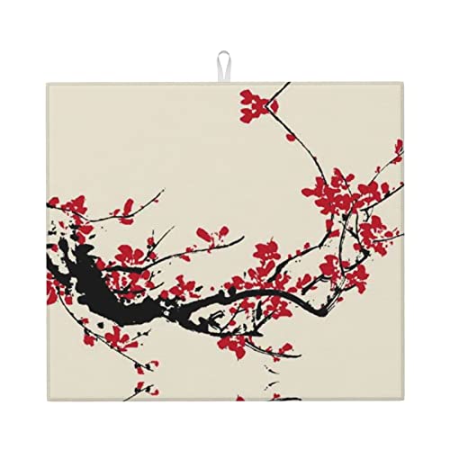 Japanese Floral Cherry Blossom Printed Drying Mat For Kitchen Ultra Absorbent Microfiber Dishes Drainer Mats Non-Slip Silicone Quick Dry Pad - 18 X 16inch