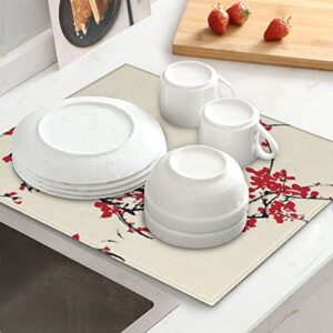 Japanese Floral Cherry Blossom Printed Drying Mat For Kitchen Ultra Absorbent Microfiber Dishes Drainer Mats Non-Slip Silicone Quick Dry Pad - 18 X 16inch